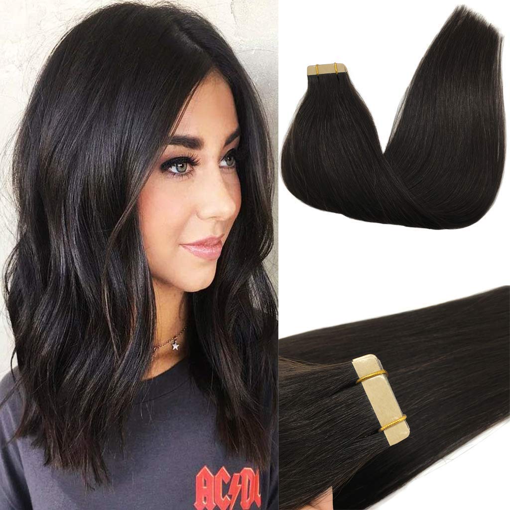 GOO GOO Tape in Hair Extensions Human Hair, 1B Natural black, 20inch 50g 20pcs, Thick Ends Straight Seamless Tape in, Invisible Tape in Hair Extensions Human Hair