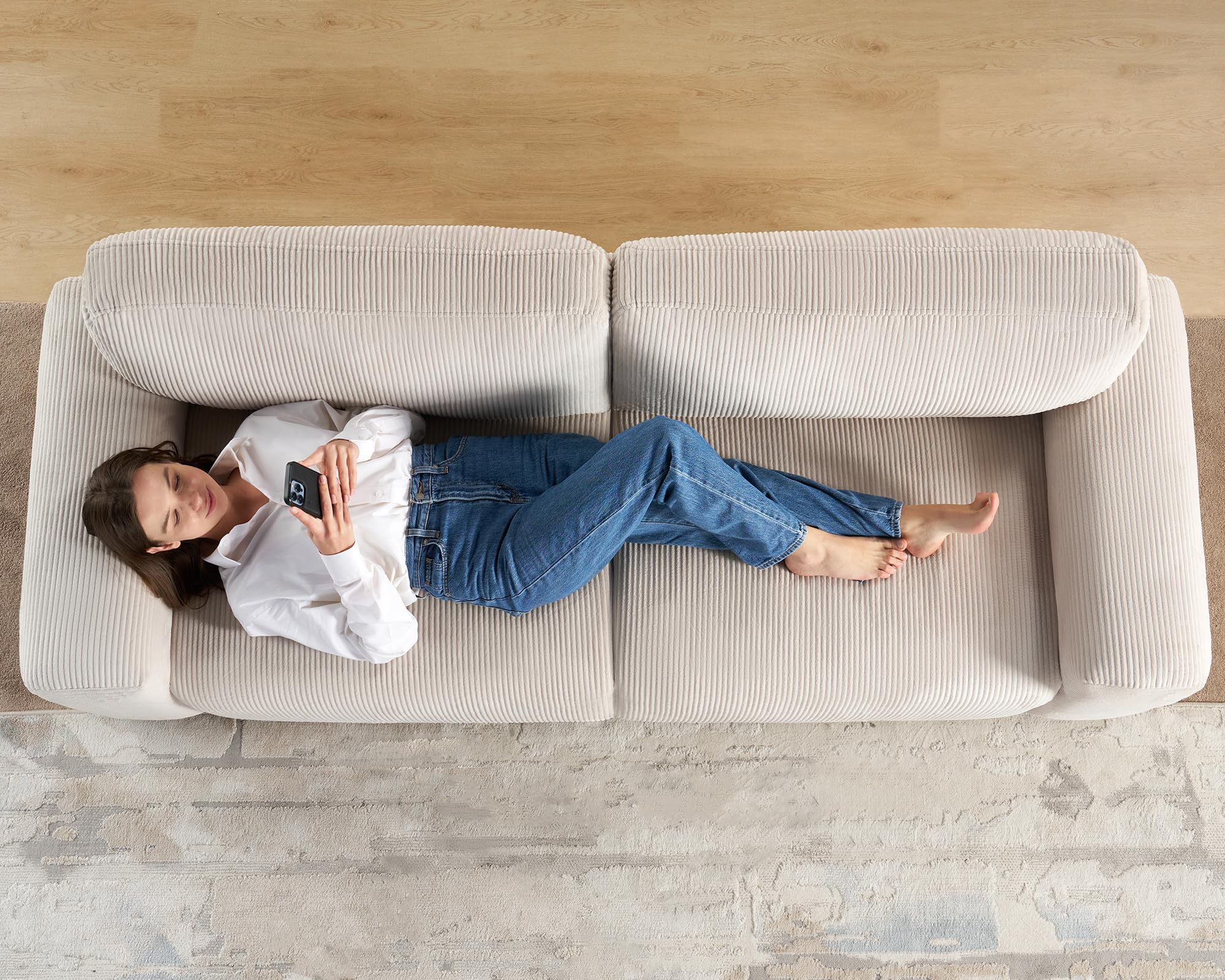 AMERLIFE Sofa, 89 inch Oversized Couch with Thick Armrest, Comfy Sofa Couch for Living Room-3 Seater Sofa in White Corduroy