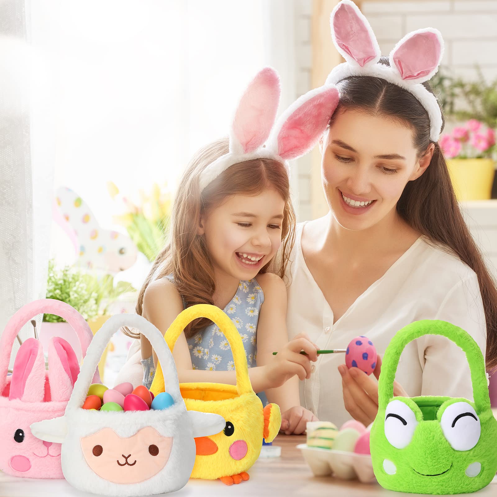 4 Pcs Easter Basket for Kids Plush Easter Bunny Chick Sheep Frog Basket Easter Egg Hunt Basket Bags with Handle for Easter Decorations Gifts Candy Toy Storage Cute Easter Gifts for Girls Boys