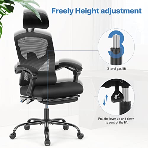 Ergonomic Home Office Chair High Back Executive Desk Chair with Armsrest and Adjustable Headrest, Mesh Computer Chair with Retractable Footrest and Lumbar Support (Black)