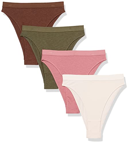 Amazon Essentials Women's Ribbed High Waist Tanga Brief, Pack of 4, Brown/Pale Pink/Green, X-Small