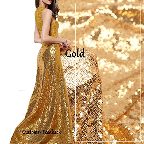 LQIAO Shimmer Gold Sequin Fabric by The Yard Two Way Stretch Spandex Embroidered Mesh African Lace Sequin Fabric for Dress Sewing