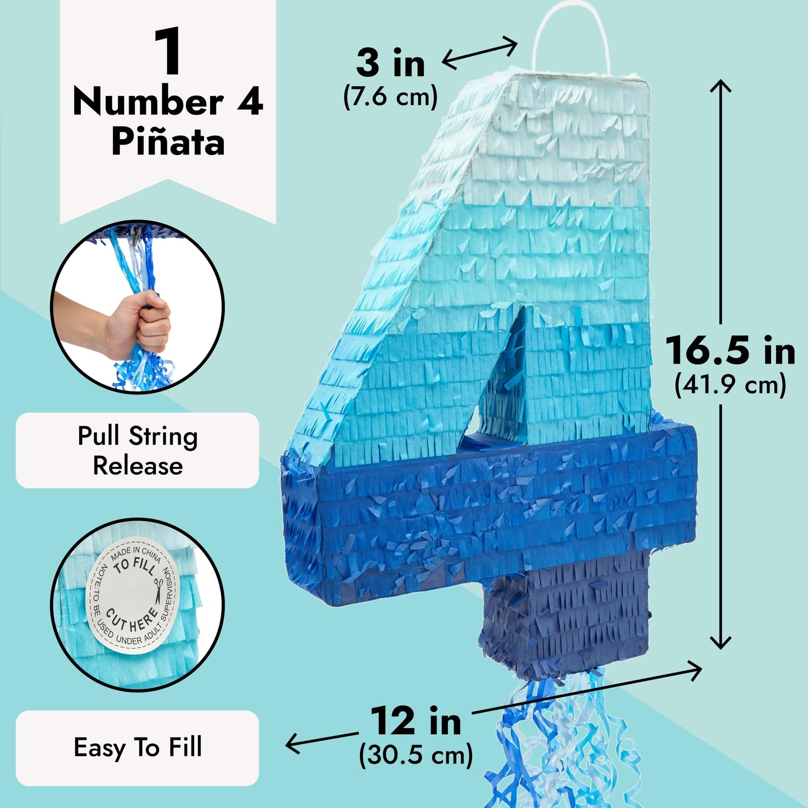 BLUE PANDA Number 4 Pull String Pinata for Boys, 4th Birthday Party Decorations, Ombre Blue (16.5 x 12 x 3 In)