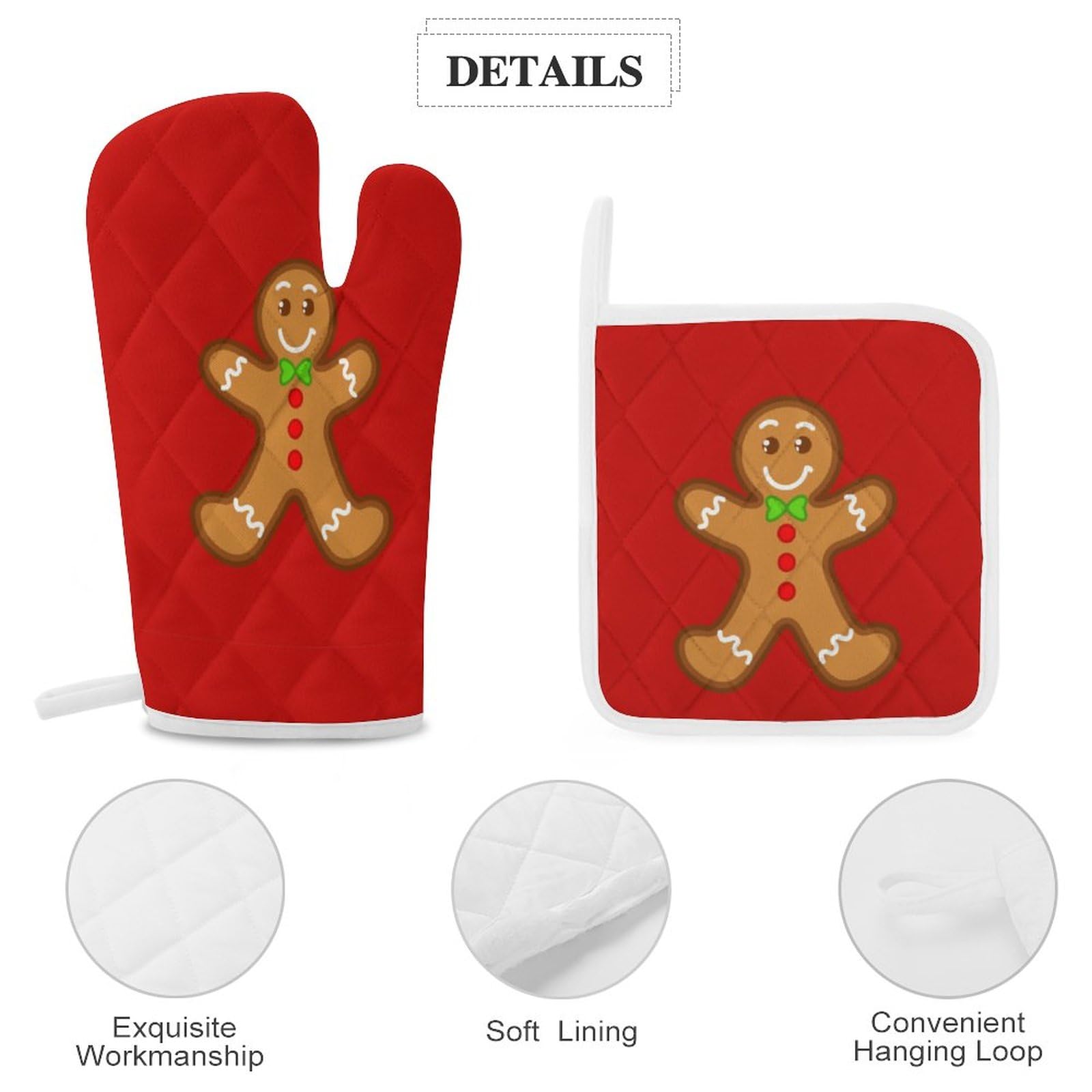 4PCS Oven Mitts and Pot Holders Sets, Sweet Xmas Gingerbread Red Oven Mitts Set Heat Resistant Kitchen Microwave Gloves Safe for Baking,Cooking, BBQ