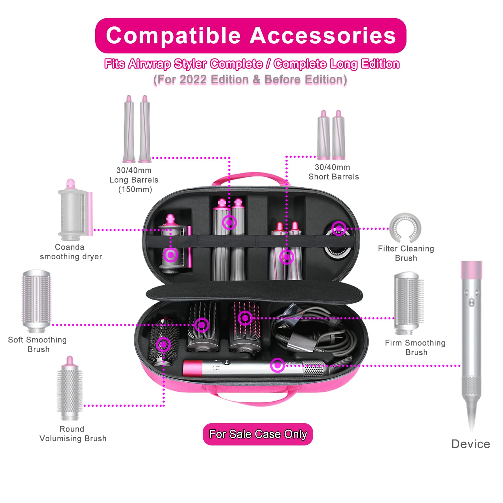 RLSOCO Hard Case for Dyson Airwrap Complete Long/Complete Styler HS08 HS05 HS01 - Fits 4pcs Long Barrels or Short Barrels - Pink (Case Only,Hair Styler is not Included)