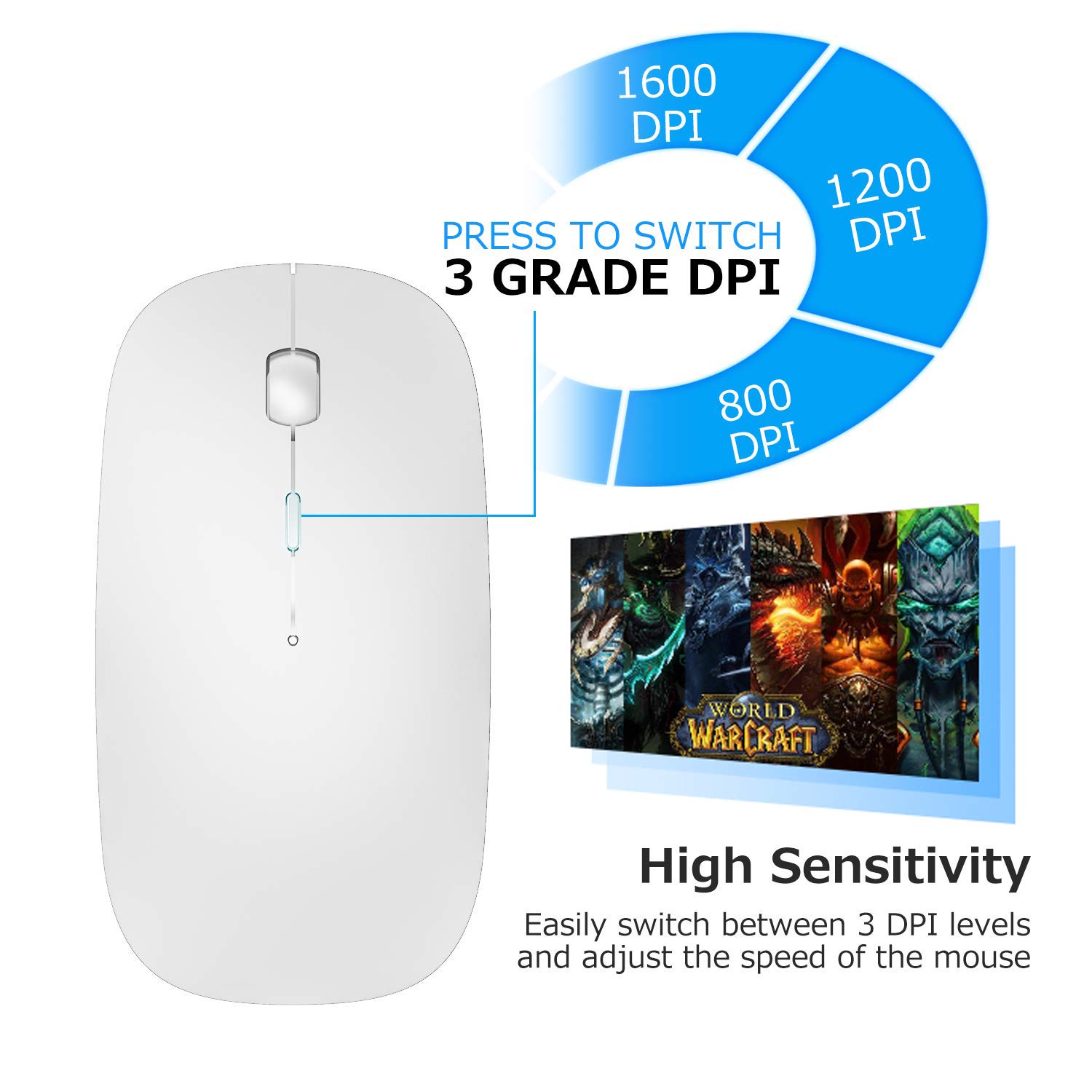 Bluetooth Wireless Mouse, Dual Mode Slim Rechargeable Wireless Mouse Silent Cordless Mouse with Bluetooth 4.0 and 2.4G Wireless, Compatible with Laptop, PC, Windows Mac Android OS Tablet (White)