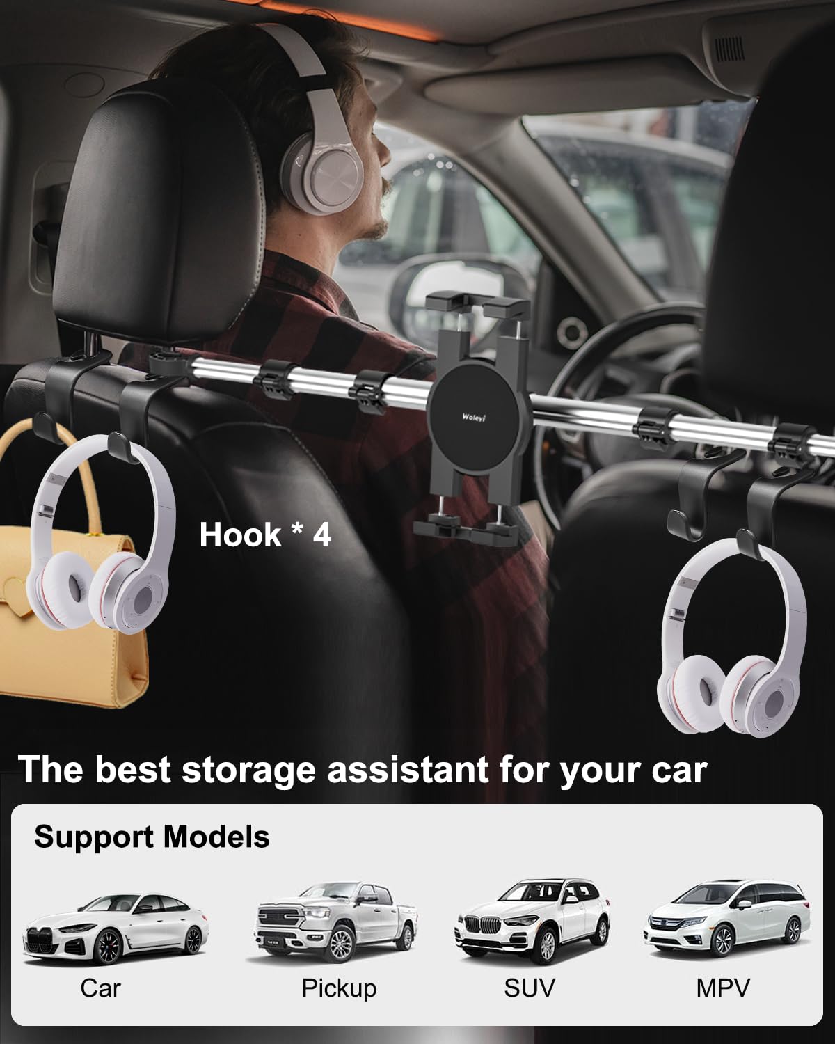 woleyi Car Headrest Tablet Holder Mount - [Anti Shake & Stretchable] Tablet Holder Back Seat for Car Between Kids Stand, for iPad Pro Air Mini, Galaxy Tab, Kindle Fire, Switch, iPhone, 4.7-13" Devices