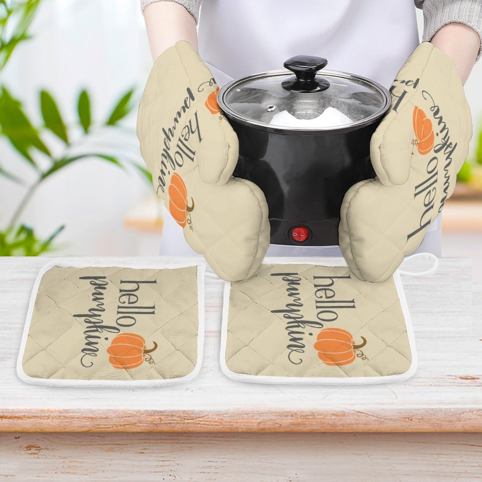 4PCS Oven Mitts and Pot Holders Sets, Hello Pumpkin Orange Harvest Fall Beige Oven Mitts Set Heat Resistant Kitchen Microwave Gloves Safe for Baking,Cooking, BBQ