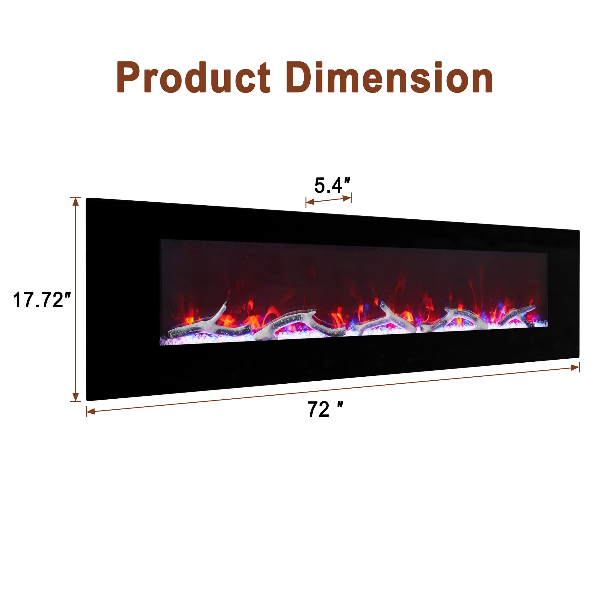 72in Electric Fireplace with Bluetooth Speakers Wall Mounted Linear Fireplace Heater Low Noise Adjustable 8 Flame Colors,8h Timer,Remote Control with Log & Crystal Hearth Options (No-Recessed)