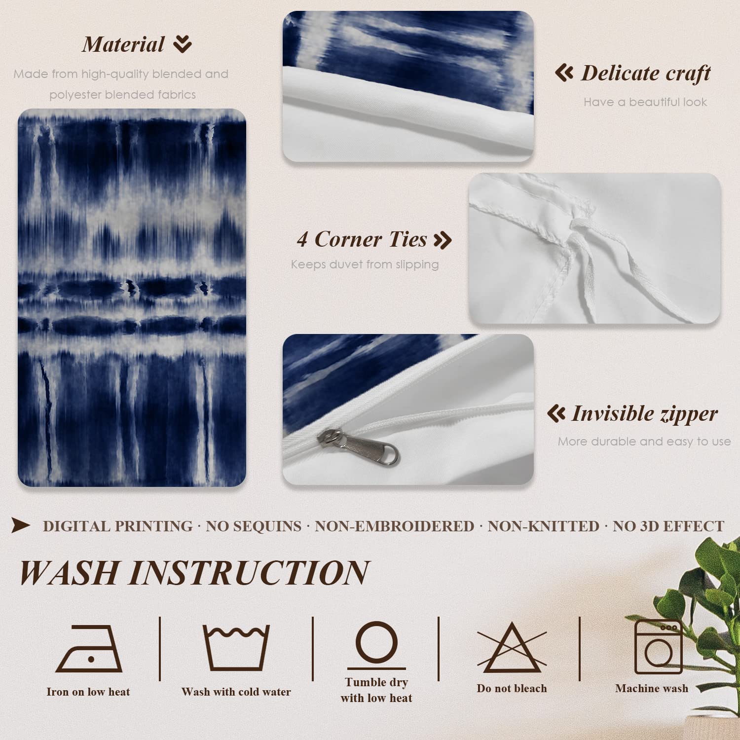 Shrahala Blue Tie Dye Duvet Cover Set Twin Size, Shibori Striped Navy Indigo Abstract Folk 3 Pieces Soft Brushed Duvet Covers with Button Closure, 100% Cotton (No Comforter)