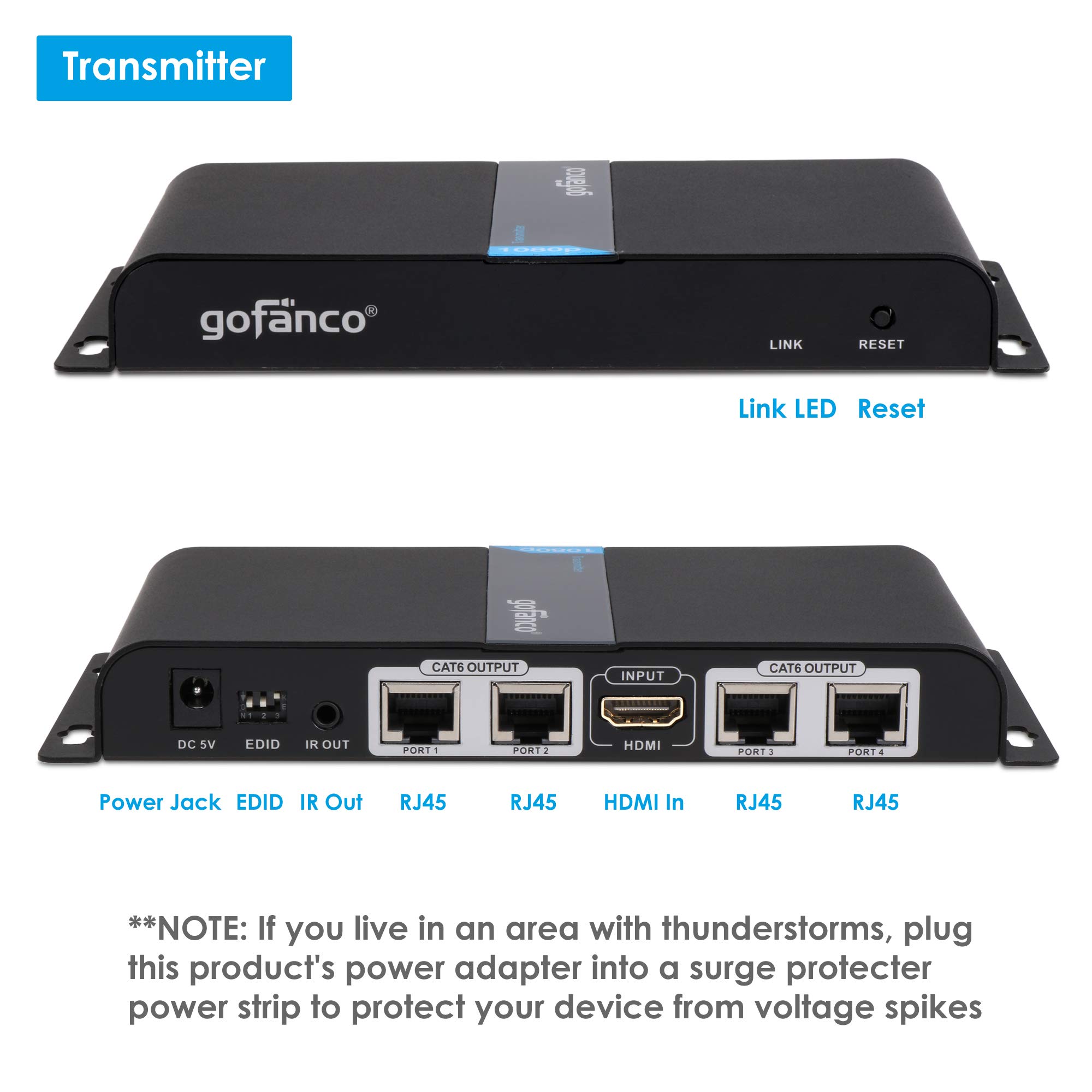 gofanco 1080p 1x4 4 Port HDMI Extender Splitter Over CAT5e/CAT6/CAT7 Ethernet Cable β IR Extension, Up to 40m (130ft) at 1080p 60Hz, 1 in 4 Out (HDMIExt4P)