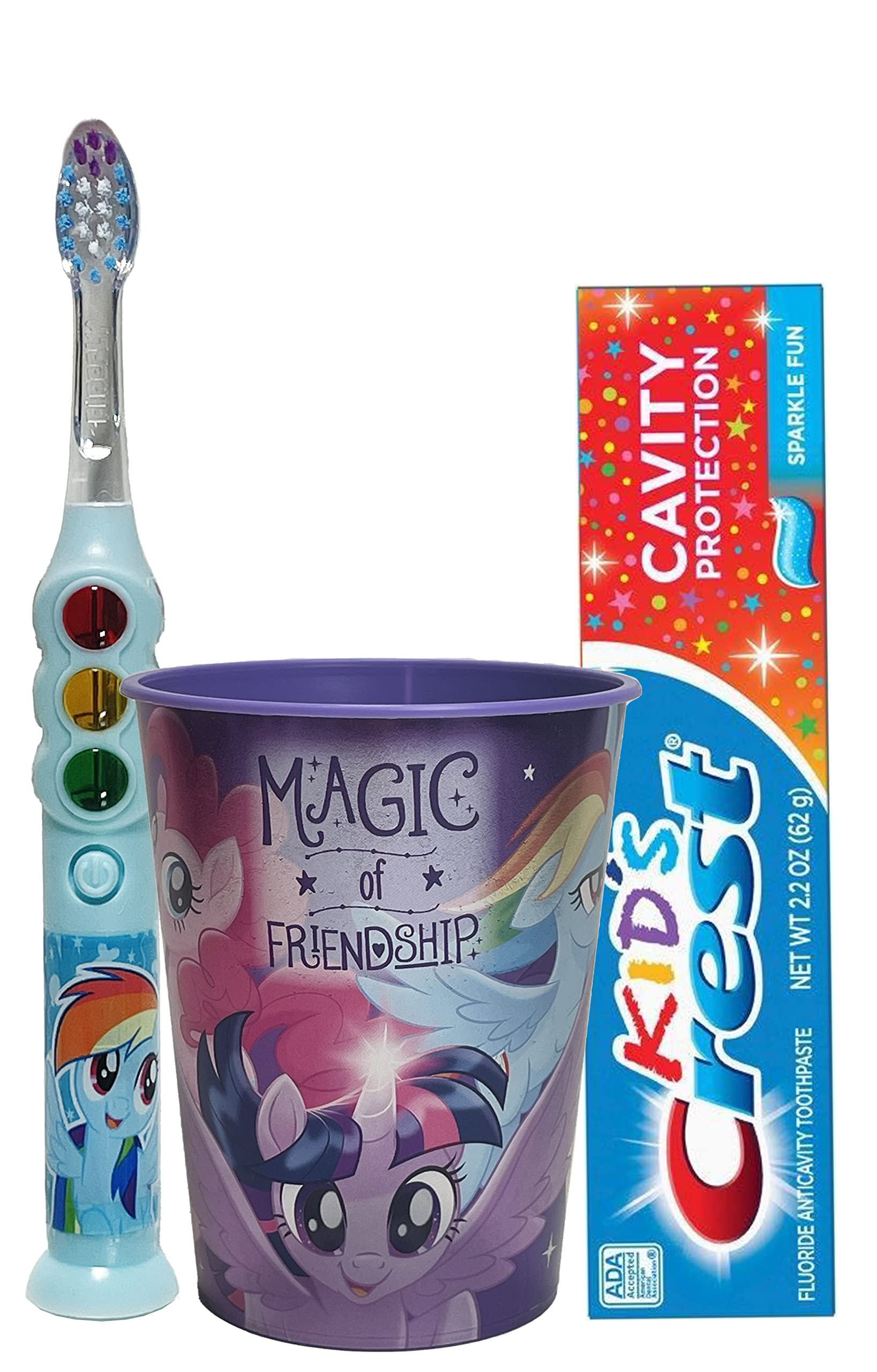 My Little Pony 3pc Bright Smile Oral Hygiene Bundle.Flashing Light Timer Toothbrush, Brushing Timer & Mouthwash Rinse Cup. Plus Dental Gift Bag & Tooth Saver Necklace (Rainbow Dash)