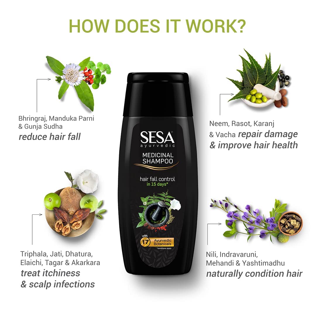 Sesa Ayurvedic Medicinal Shampoo, Bhringraj & 16 Rare Herbs, All Hair Types, 200 ml, Pack of 1, Paraben Free