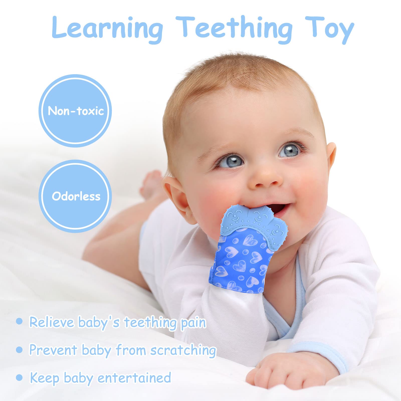 2Pack Silicone Teething Mitt, Soothing Infant Teething Mitten Pain Relief, Prevent Scratches Glove, Safe Silicone Teething Toys for 0-12 Months Blue Heart