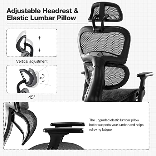 Ergonomic Office Chair, High Back Mesh Office Chair with 3D Armrests and Headrest, Adjustable Rolling Chair with Lumbar Support and Tilt Function, Breathable Mesh Chair for Gaming, Executive, Office