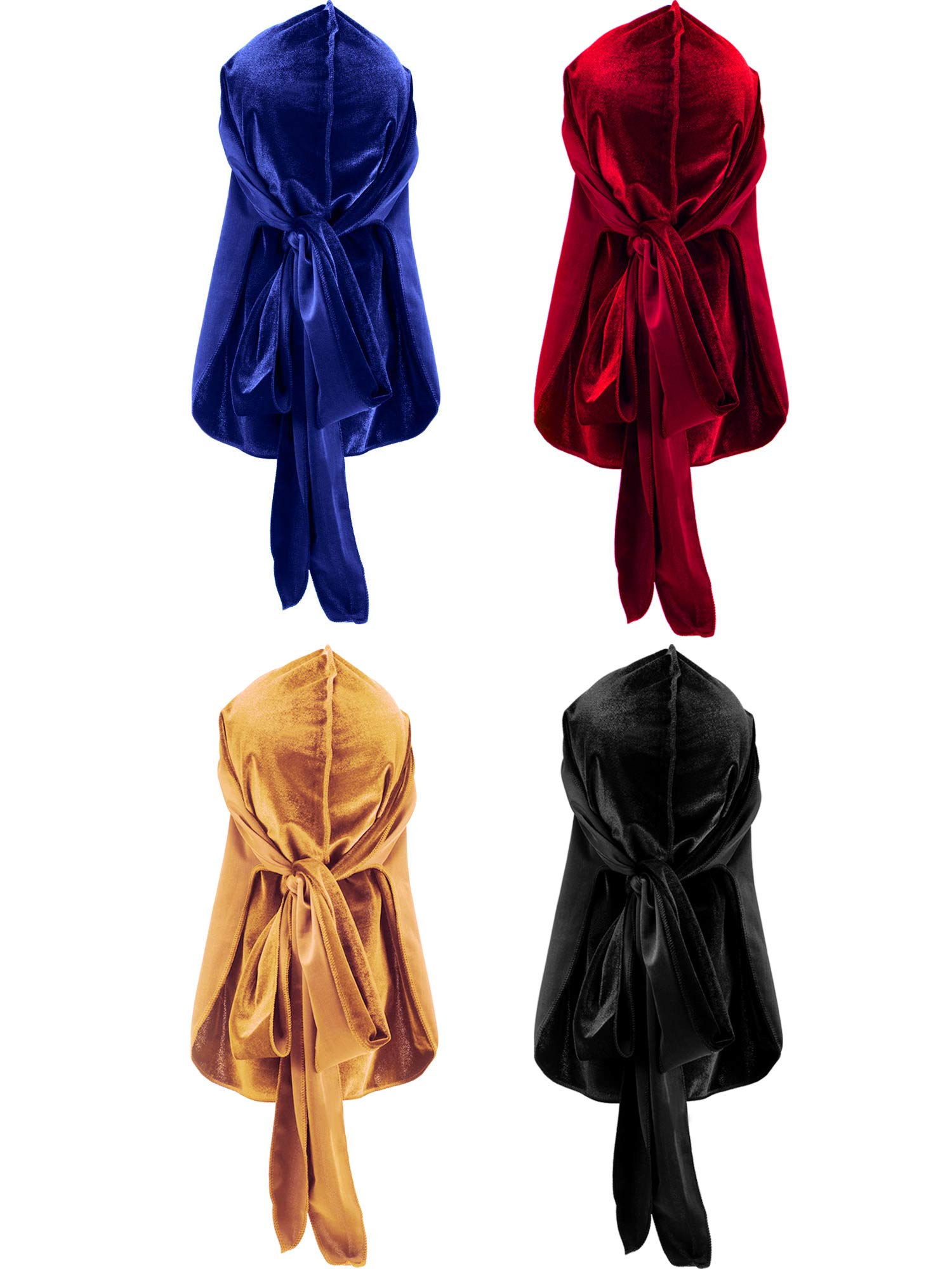 4 Pieces Men's Velvet Durag with Long Tail Soft Durag Headwraps for 360 Waves (Royal blue, Red, Gold, Black)