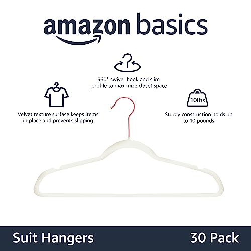 Amazon Basics Slim, Velvet, Non-Slip Suit Clothes Hangers, Ivory/Rose Gold - Pack of 30