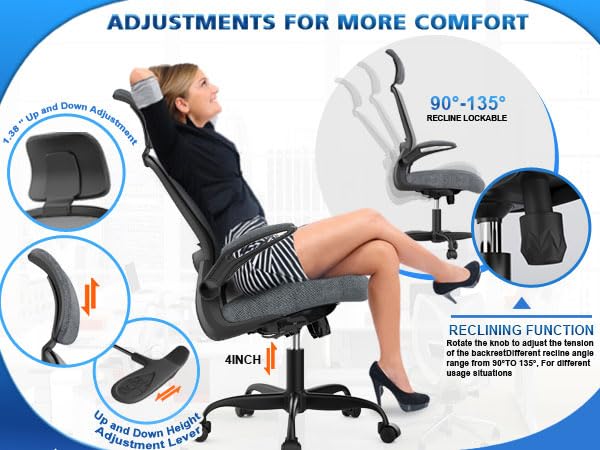 Ergonomic Office Chair, Home Office Desk Chair with Adjustable Headrest & Lumbar Support. High Back Mesh Computer Chair with Thickened Cushion &Flip-up Armrests, Task Executive Chair (Graphite)
