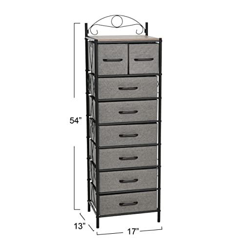 Household Essentials Victoria Dresser Tower Storage Organizer with 8 Drawers Black Metal Frame and Ashwood Rustic Wood Grain Top