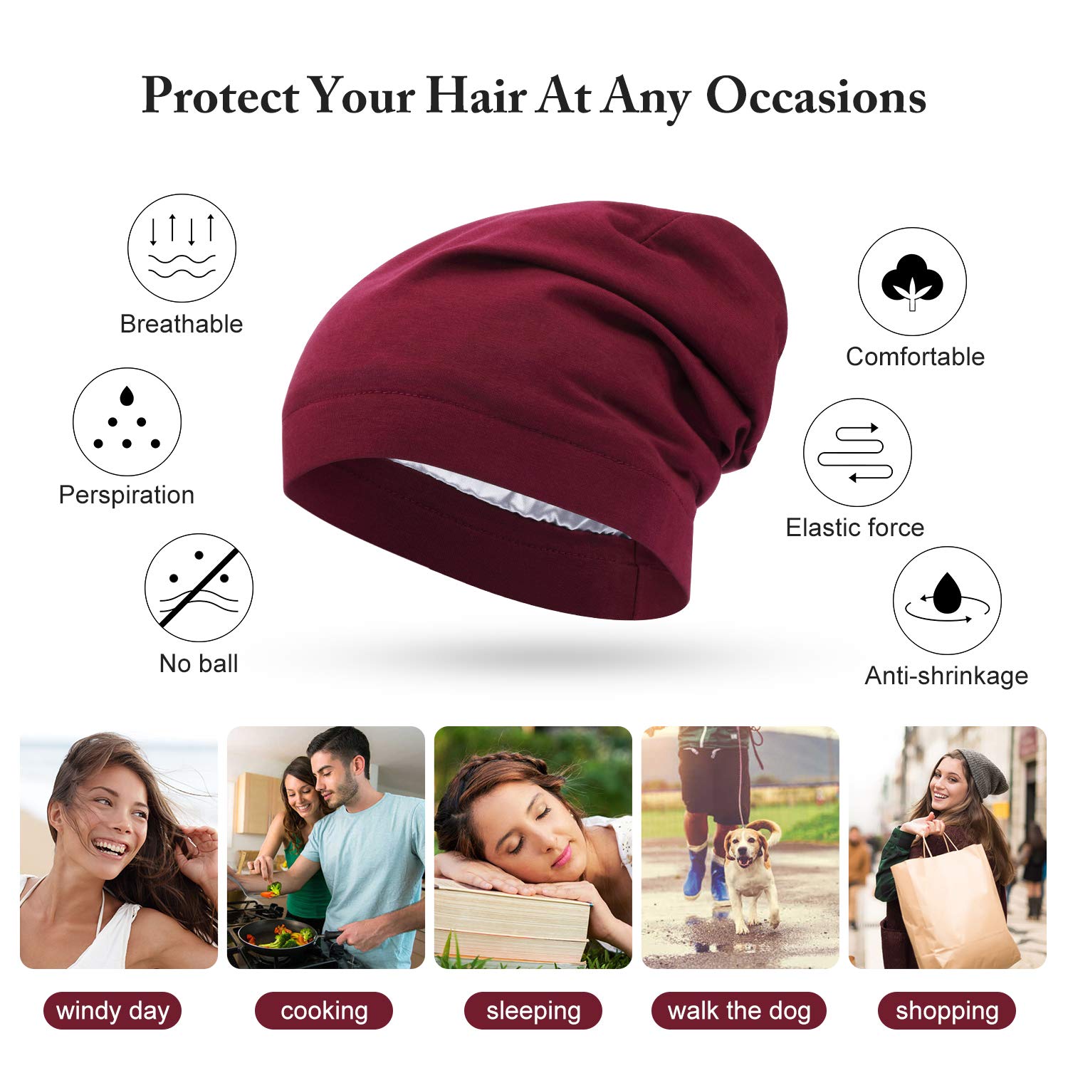 4 Pieces Satin Lined Sleep Cap Slouchy Beanie Hat Night Hair Cap for Women (Black, Wine Red, Gray, Blue)