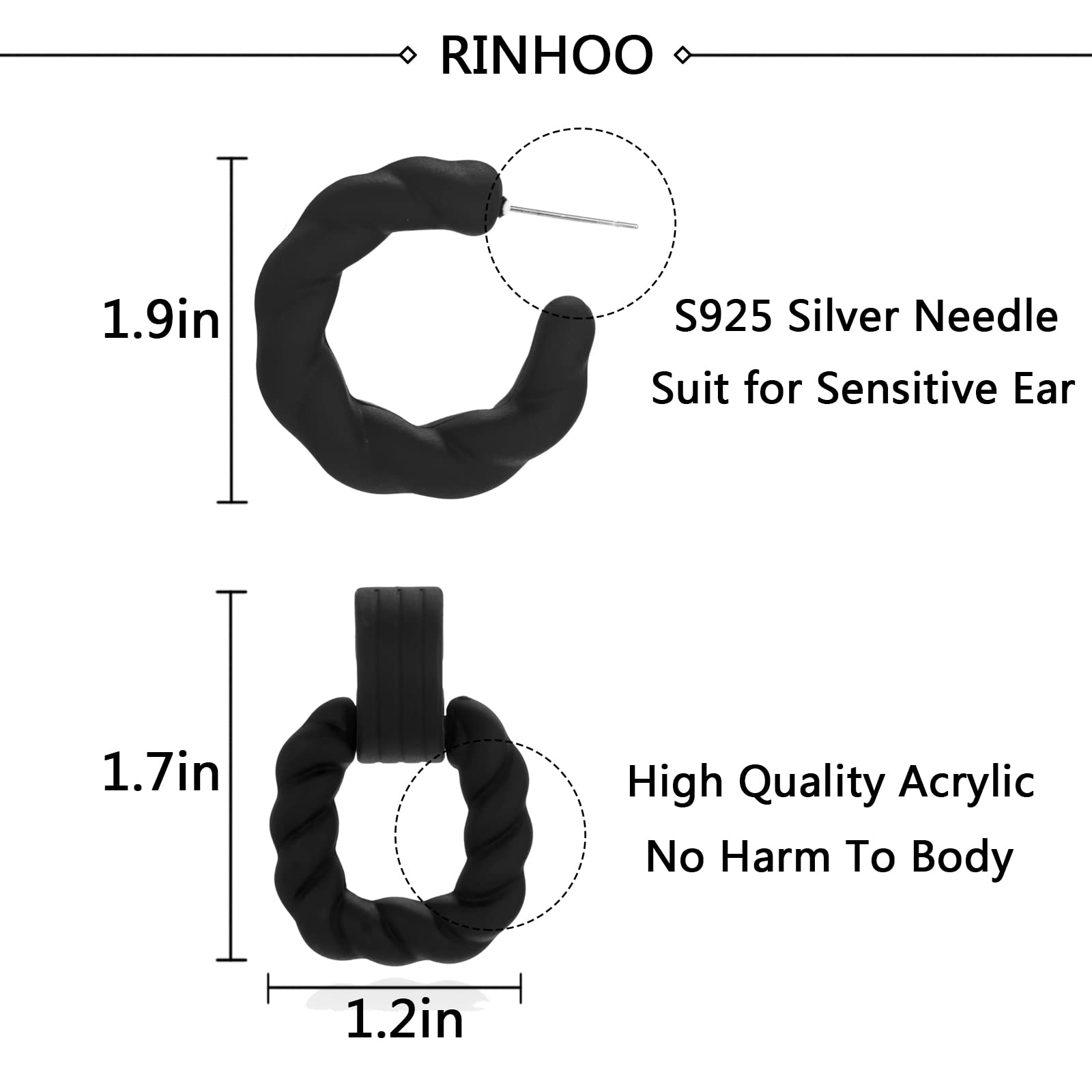 2Pairs Twisted Rope Round Rectangle Earrings For Women Acrylic Square C Shape Statement Earrings Candy Hoop Earrings (2Pair Orange)