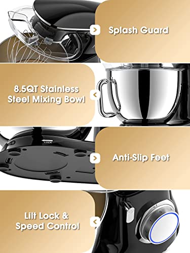 Facelle Stand Mixer, 8.5 Quart Electric Mixer, 660W 6-Speed Tilt-Head Kitchen Electric Food Mixer with Beater, Dough Hook and Wire Whip, Black