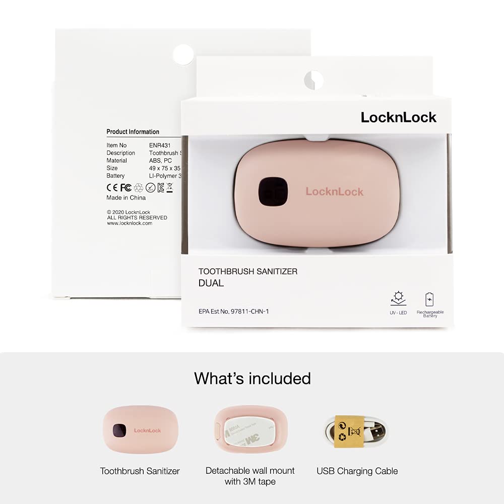 LocknLock UV Toothbrush Sanitizer/Cover for Home/Travel, USB Rechargeable Battery, Dual, Pink