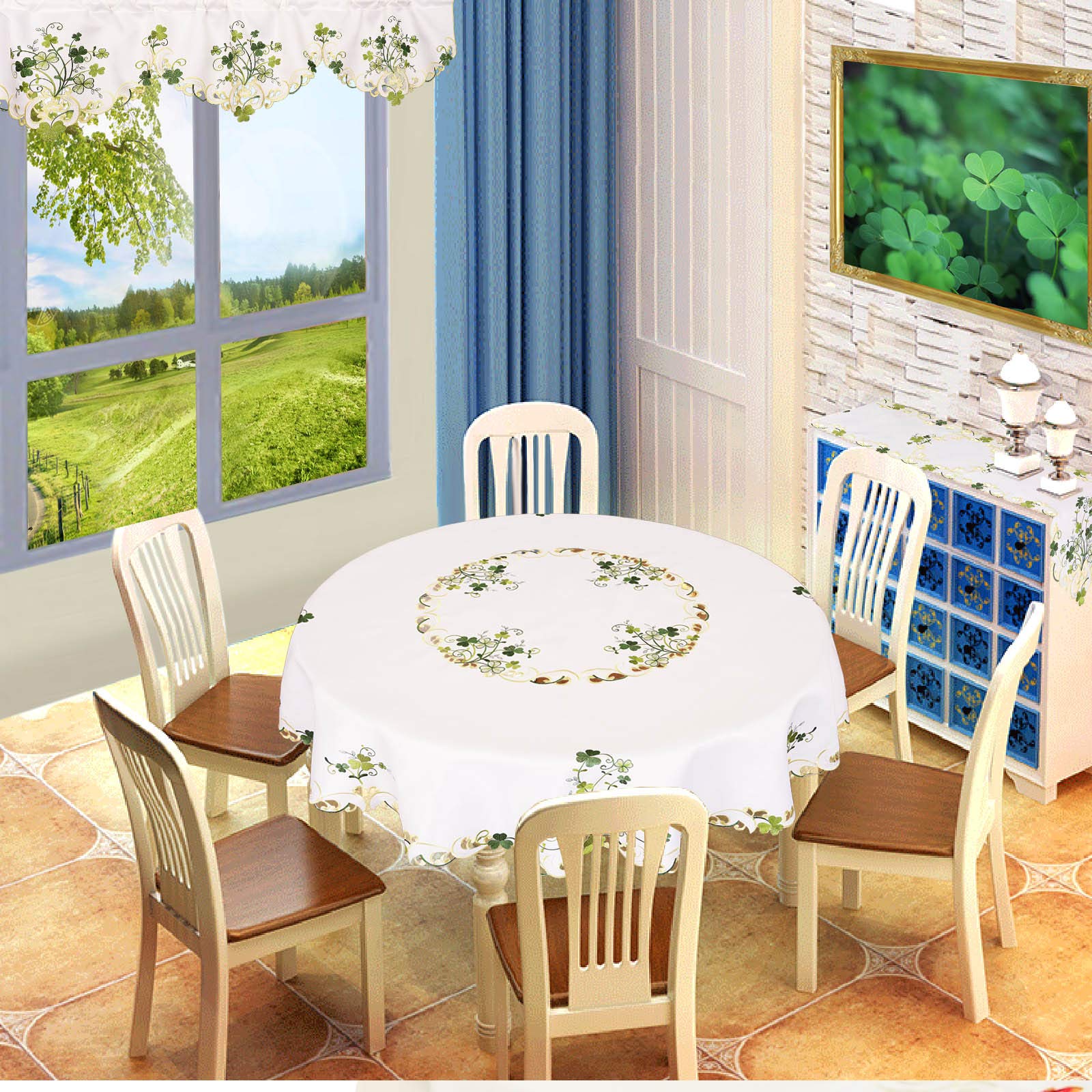 Simhomsen Small Embroidered Irish Clover St. Patrick’s Day Tablecloth, Spring Shamrock Decorations (Round 70 inches)