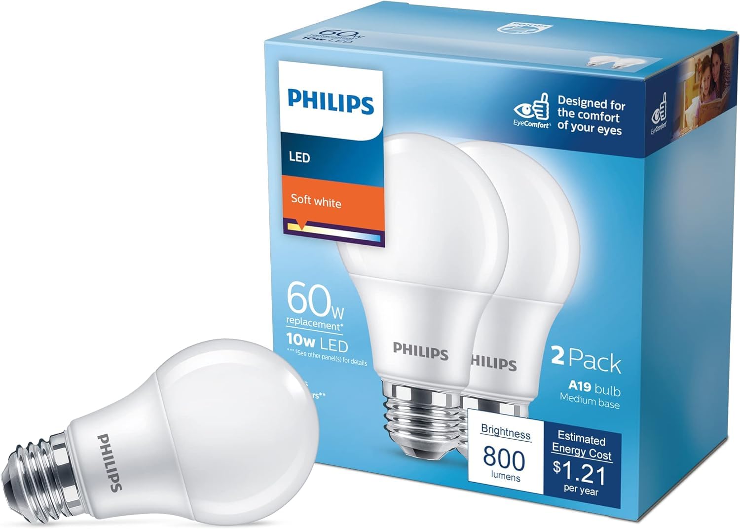 Philips LED Basic Frosted Non-Dimmable A19 Light Bulb - EyeComfort Technology - 800 Lumen - Soft White (2700K) - 10W=60W - E26 Base - Indoor - 8-Pack