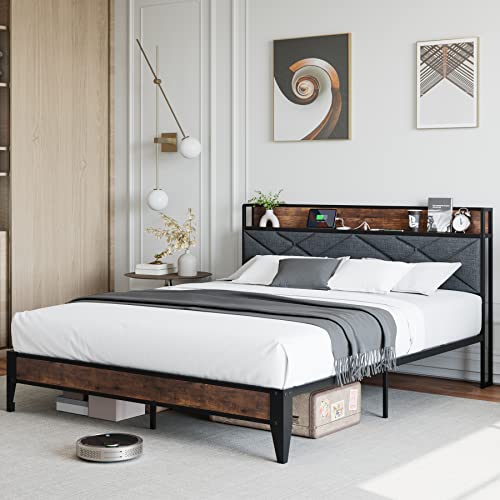 King Size Bed Frame with USB Ports, Platform Bed Frame with Storage Headboard, Solid Wood Slats Support, No Box Spring Needed, Noise-Free, Light Gray