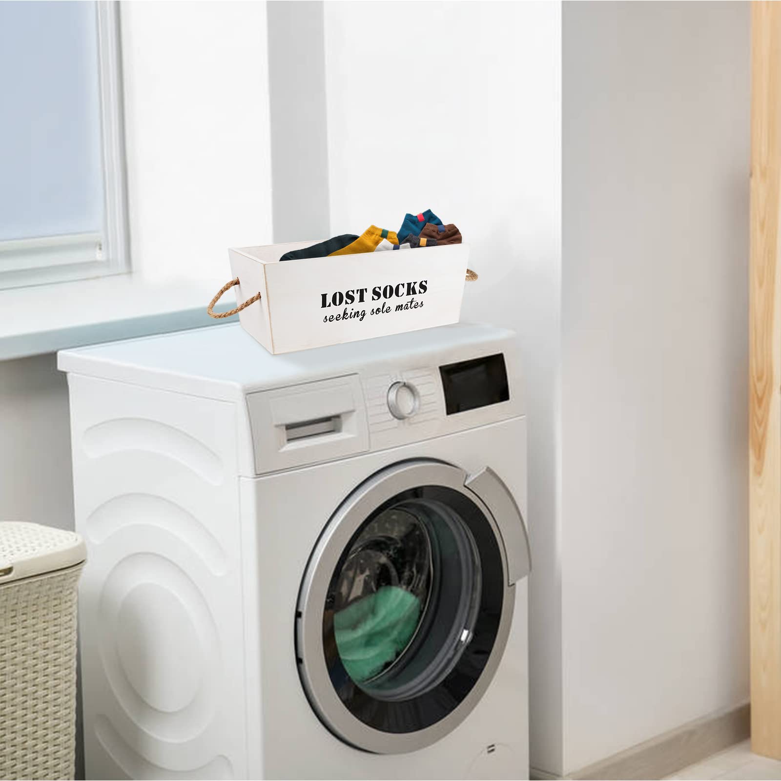 Zimso Lost Socks Basket Lost Socks Sign, Wooden Missing Socks Decor, Lost Socks Sign With Basket (White)