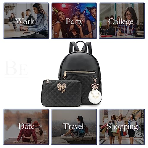 BESYIGA Backpack Purse for Women, Mini Leather Backpack for Women Chain Shoulder Travel Bag with Detachable Handbag, 2 Pieces(Black)