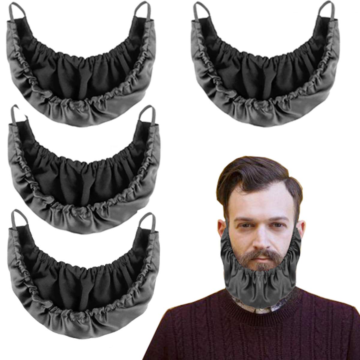 4 Pcs Beard Bandana, Silk Beard Covers for Men, Mens Bedtime Bib Adjustable Double Layer Facial Beard Apron Guard Bonnet Rag Beard Guard Cover, Beard Gains (Black)