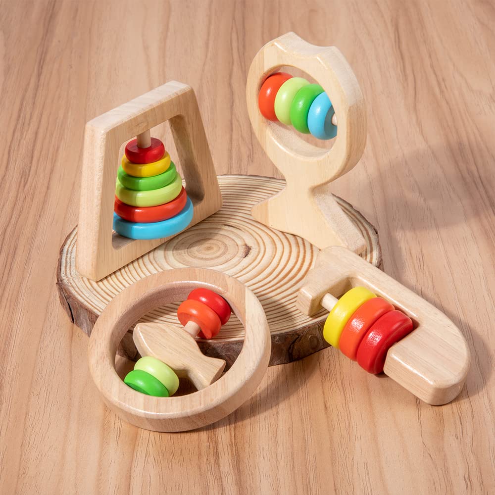 4Pcs Set Montessori Baby Wooden Rattle Toy Set Rainbow Color Shaker Bell Set
