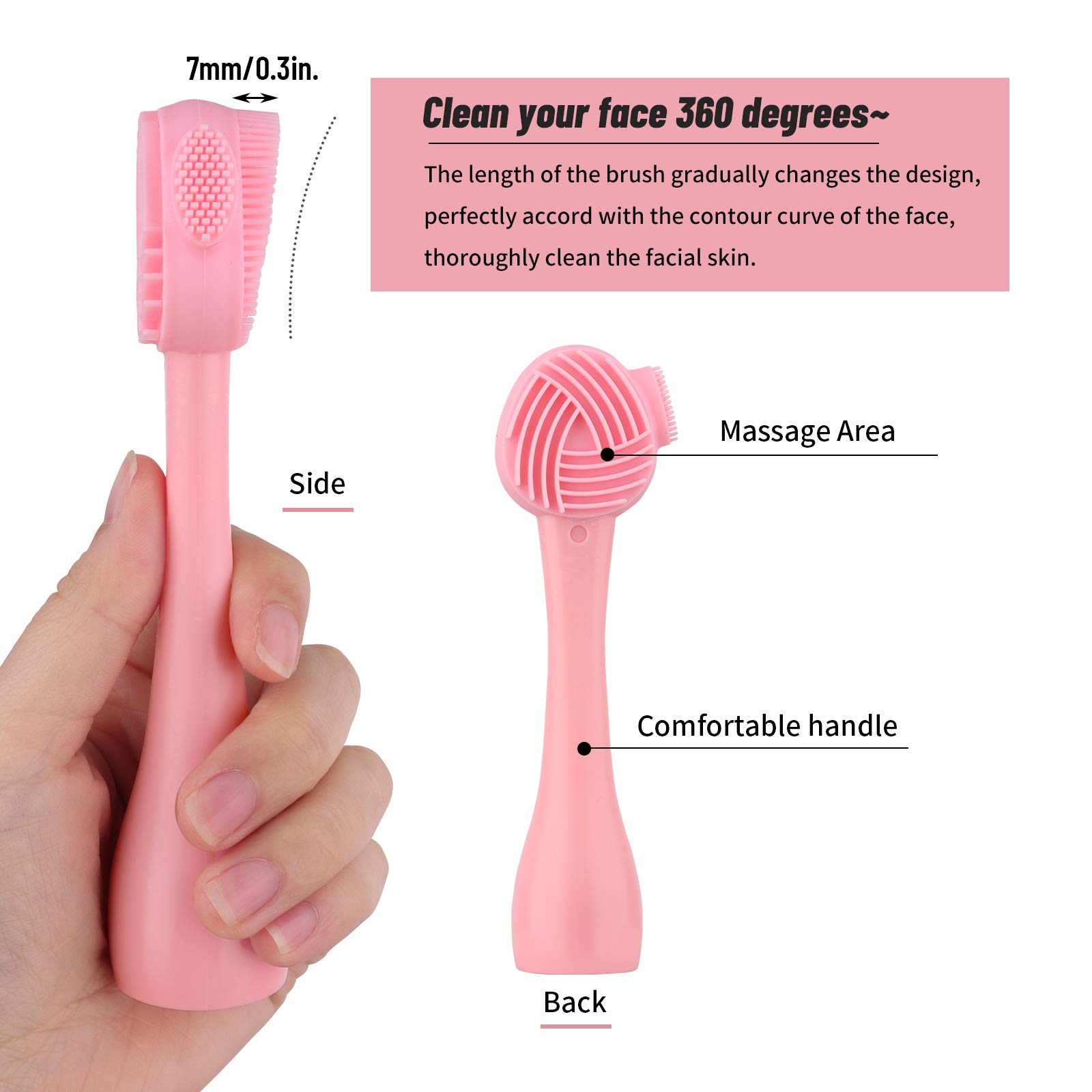 Silicone Facial Cleansing Brush 3 Designs, Beomeen 4 in 1 Handheld Face Scrubber for Deep Gentle Exfoliating, Double-Ended Face Wash Scrub Brush for Face Skincare and Massage (Pink)