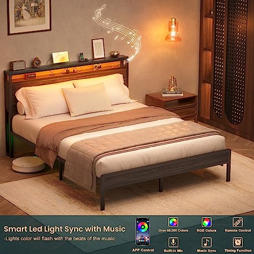 Homieasy Queen Size Bed Frame with Charging Station and Led Lights, Industrial Metal Platform Bed with Storage Headboard, Steel Slat Support, No Box Spring Needed, Noise-Free, Easy Assembly, Black Oak