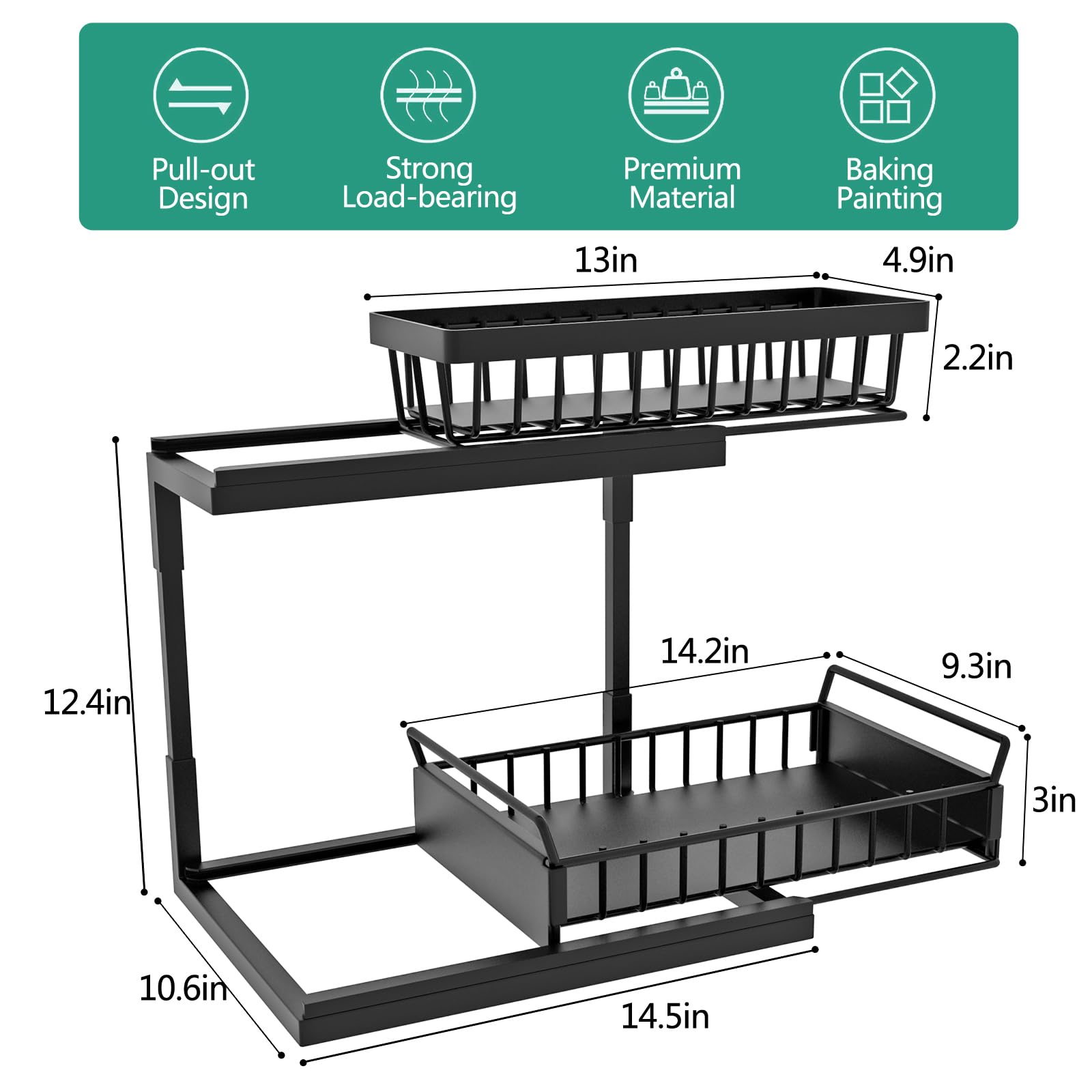 Under Sink Organizer,Metal 2 Tier Under Sink Organizers and Storage Basket,Slide out Under Cabinet Organizer Shelf,Multi-Purpose Pull Out Drawer Cabinet Organizer for Kitchen Bathroom Cabinet,Black