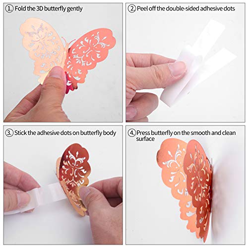 Senkary 72 Pieces (3 Sizes 3 Styles) Rose Gold 3D Butterfly Wall Stickers Wall Decorations Removable Metallic Paper Decals for Home Kids Bedroom Nursery Decor