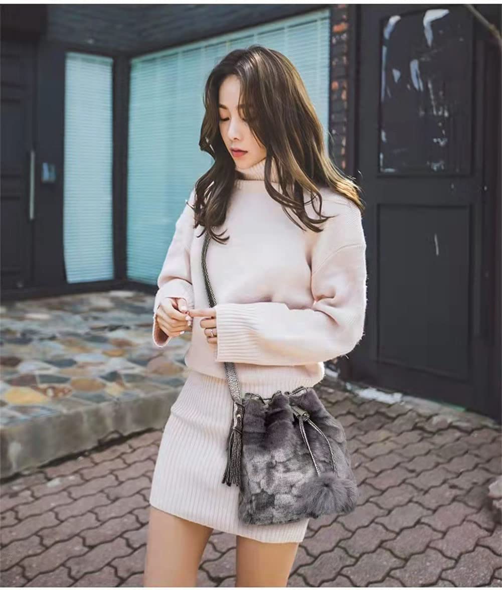 ENYIWH Women Leopard Print Faux Purse Fur Drawstring Bucket Bag Shoulder Crossbody Bag