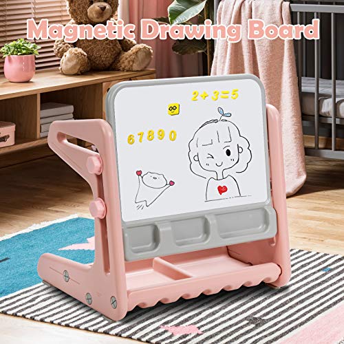 Costzon 2 in 1 Kids Table & Chair, Art Easel w/Adjustable Magnetic Painting Board, Storage Space, Art Supply Accessory, Children Convertible Activity Table Set for Drawing Reading Art Playroom (Pink)