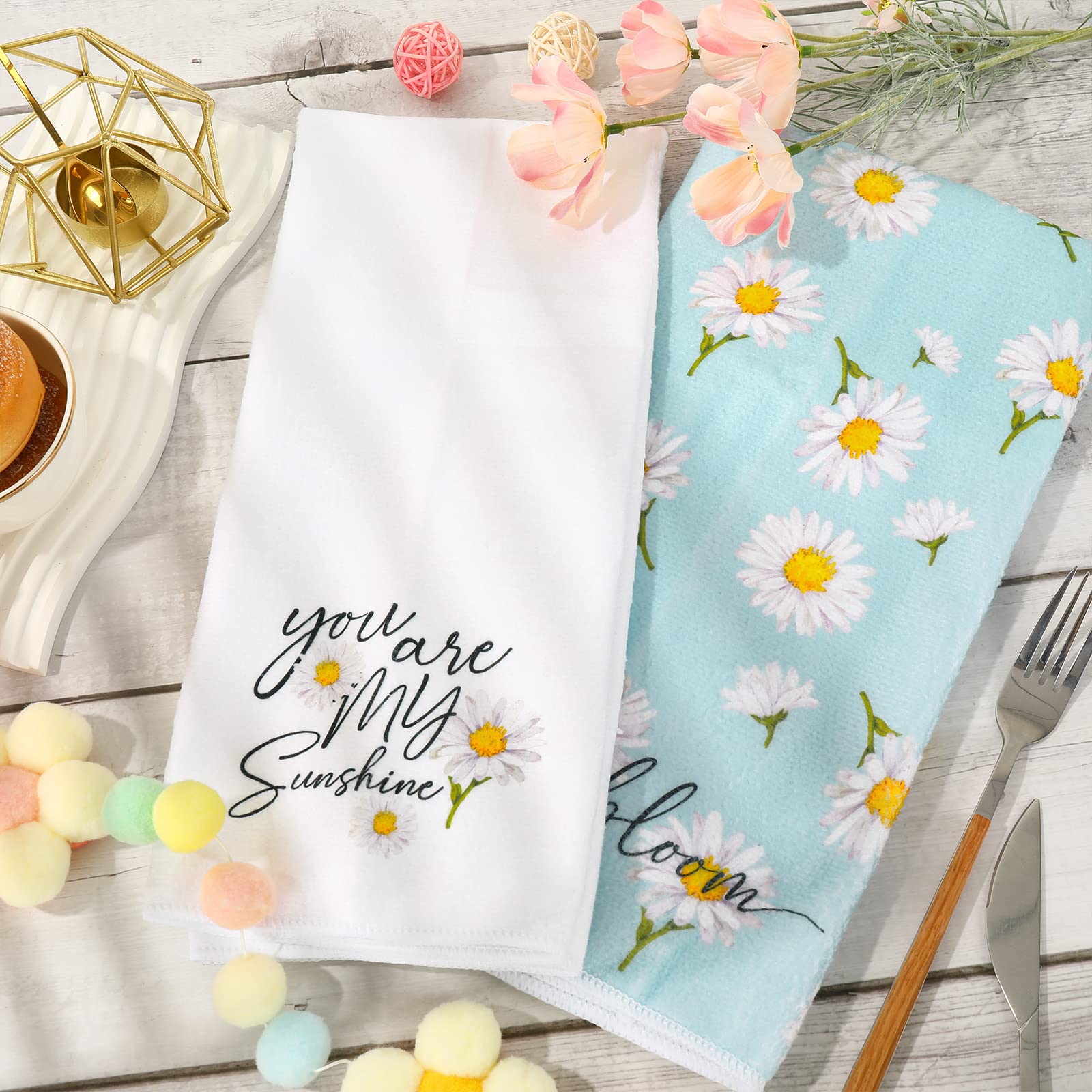 AnyDesign Spring Kitchen Dish Towel Daisy Flower Dishcloth Rustic Blue White Floral Hand Drying Tea Towel for Cooking Baking Cleaning Wipes Supplies, 18 x 28 Inch, Set of 4