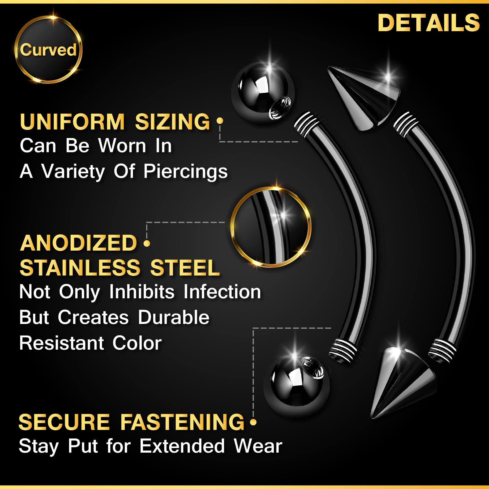 4PCS Stainless Steel Black Curved Barbell Bar 14 Gauge 4mm Ball Spike Nose Earrings Eyebrow Piercing Jewelry See More Sizes (4pcs 10mm bar)