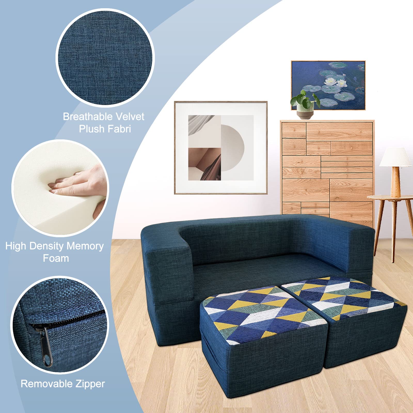 ANONER Kids Couch Convertible Toddler Sofa 4pcs with Memory Foam Fold Out Kids Sofa Bed, Play Couch Chair for Children Boys and Girls, Dark Blue