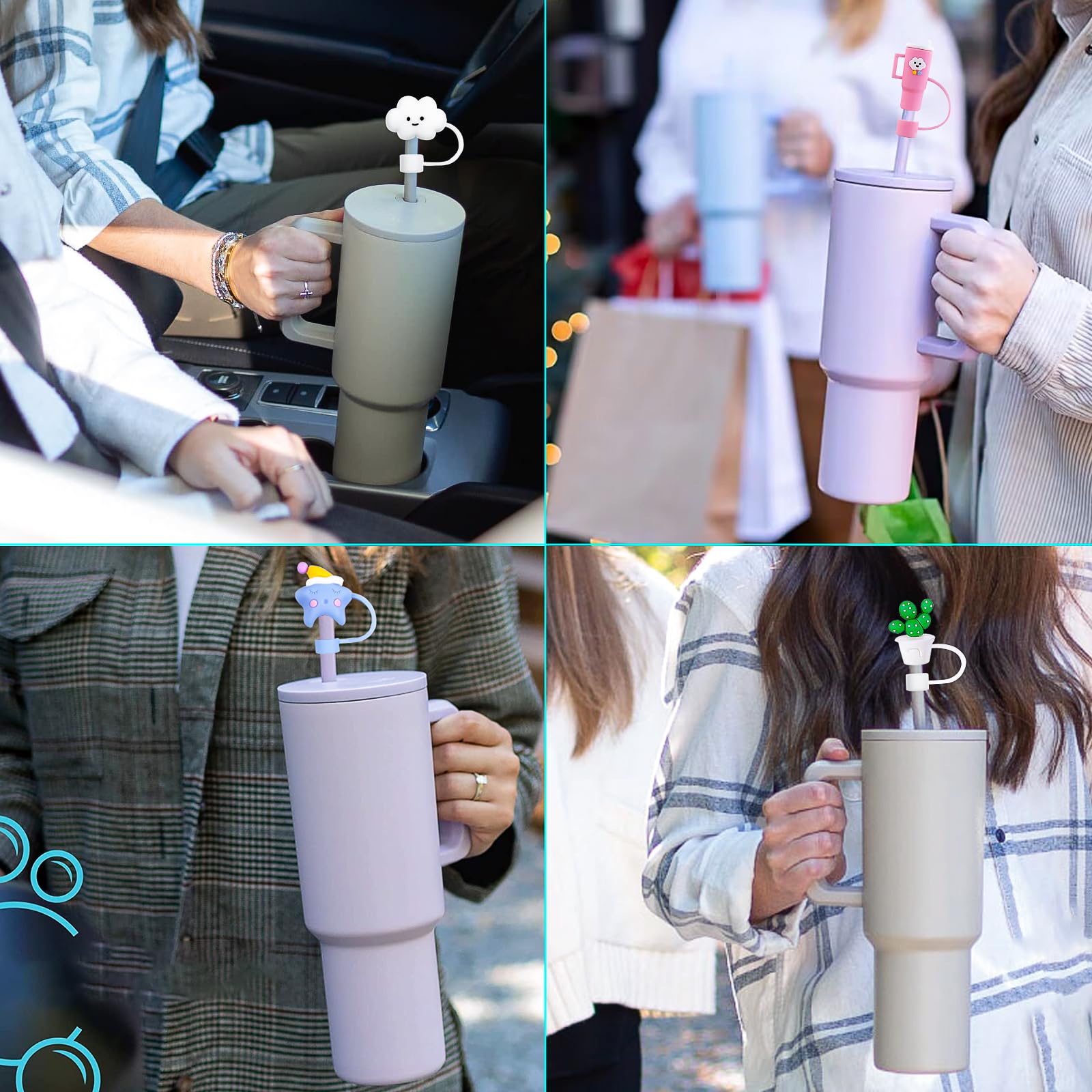 4Pcs Straw Cover for Stanley Cup&Simple Modern 40 oz Trek Tumbler,Mix Straw Tip Covers, Dust-Proof Straw Cap Toppers, Reusable Silicone Soft Protector Cover for 0.4 inch/10mm Straws