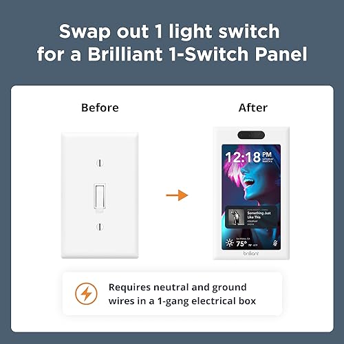 Brilliant Smart Home Control (1-Switch Panel) β Alexa Built-In & Compatible with Ring, Sonos, Hue, Google Nest, Wemo, SmartThings, Apple HomeKit β In-Wall Touchscreen Control for Lights, Music, & More