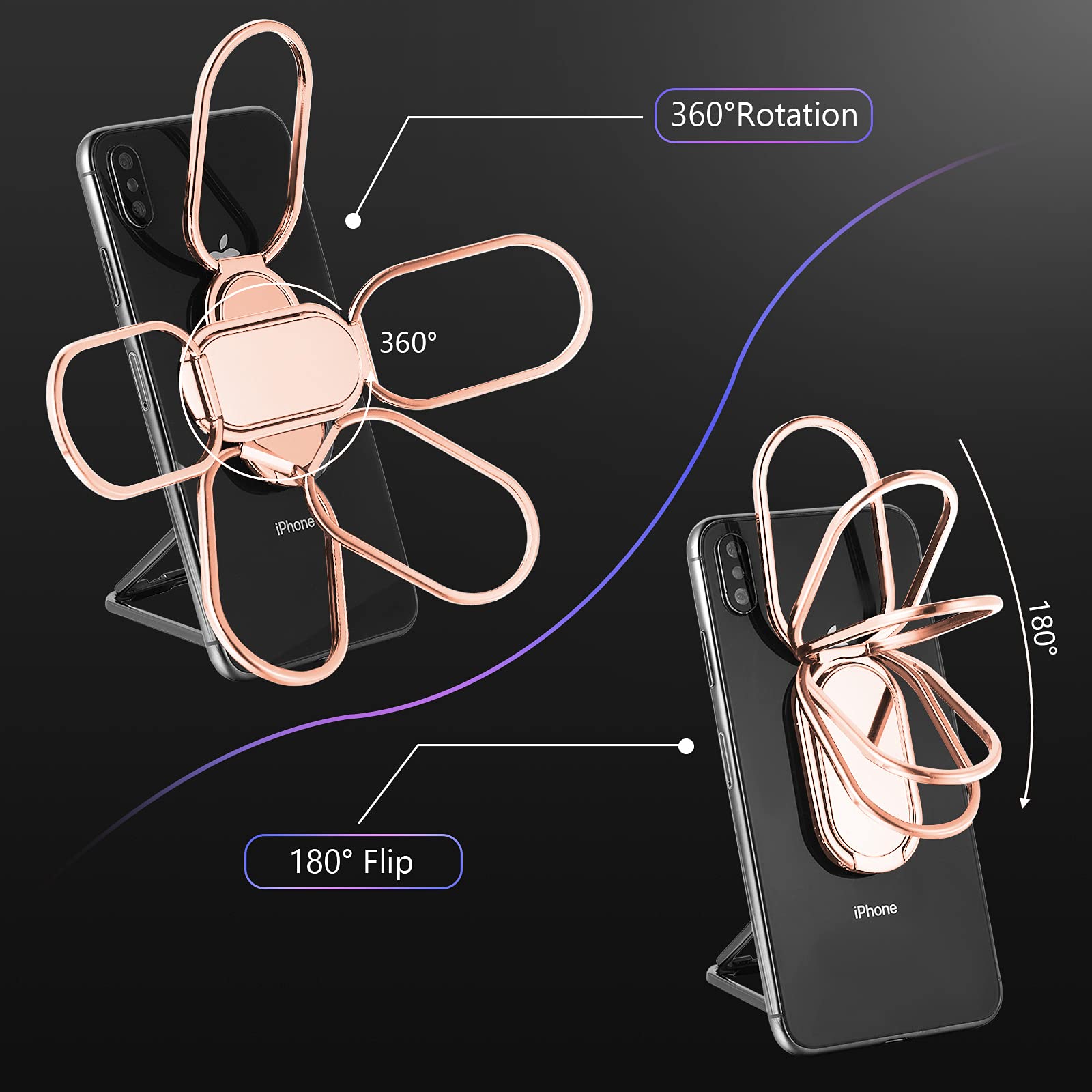 4 Pieces Phone Ring Holder Finger Kickstand 360° Rotation 180° Flip Foldable Retractable Magnetic Cellphone Back Grip for Car Phone Compatible with Most Smartphones Tablets (Rose Gold, Silver)