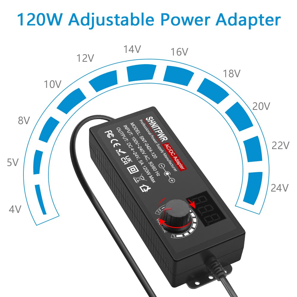 SHNITPWR AC Adapter 120W Universal Power Adapter 4V 5V 6V 9V 12V 15V 18V 19V 20V 24V Adjustable Switching Power Supply 100V~240V AC to DC 4V ~ 24V 5A Converter with 14 Tips & Polarity Converter