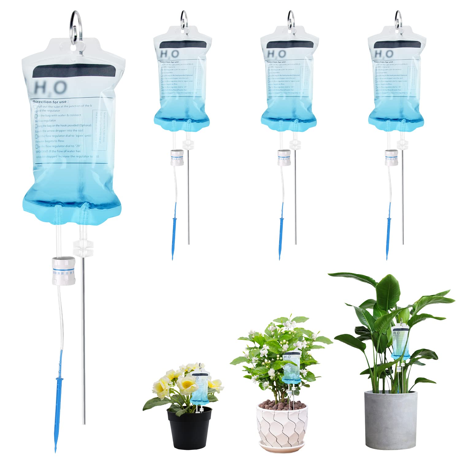 4 Pcs Plant Drip Irrigation Bag, 350ML Plant Self Automatic Flower Watering Devices Irrigation Drippers with Metal Support Rod Self Watering Small Funnel for Indoor Outdoor Automatic Watering System