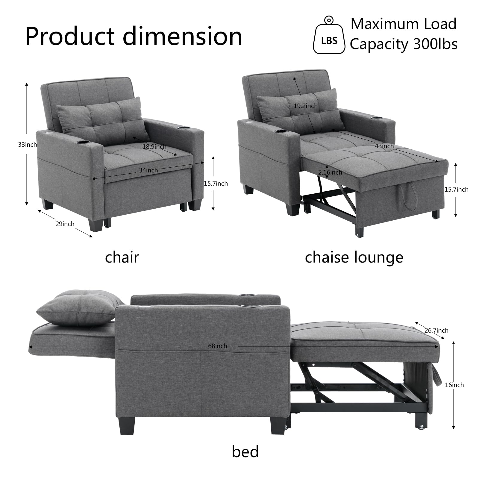Purgreen Linen Sofa Futon Chair, Convertible 3-in-1 Pull Out Sleeper Chair Bed with USB Ports and Complimentary Pillow - Elegance, Comfort and Versatility in One, Grey