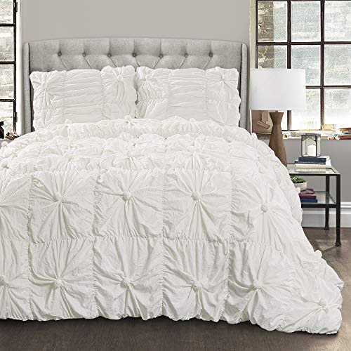 Lush Decor Bella Comforter Set Vintage Chic Style Ruched 3 Piece Bedding with Pillow Shams-Full Queen-White